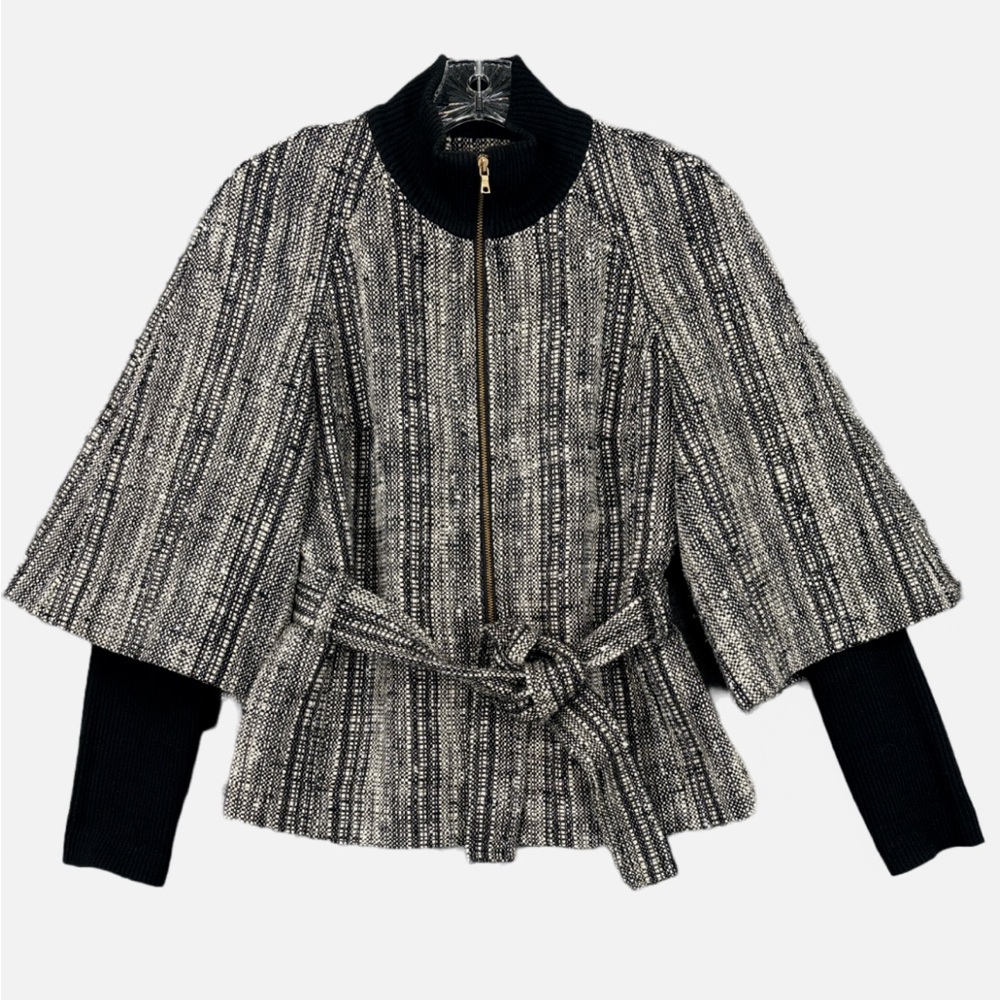 Trina Turk Jacket Black White Tweed Ribbed Sleeve Woo… - Gem